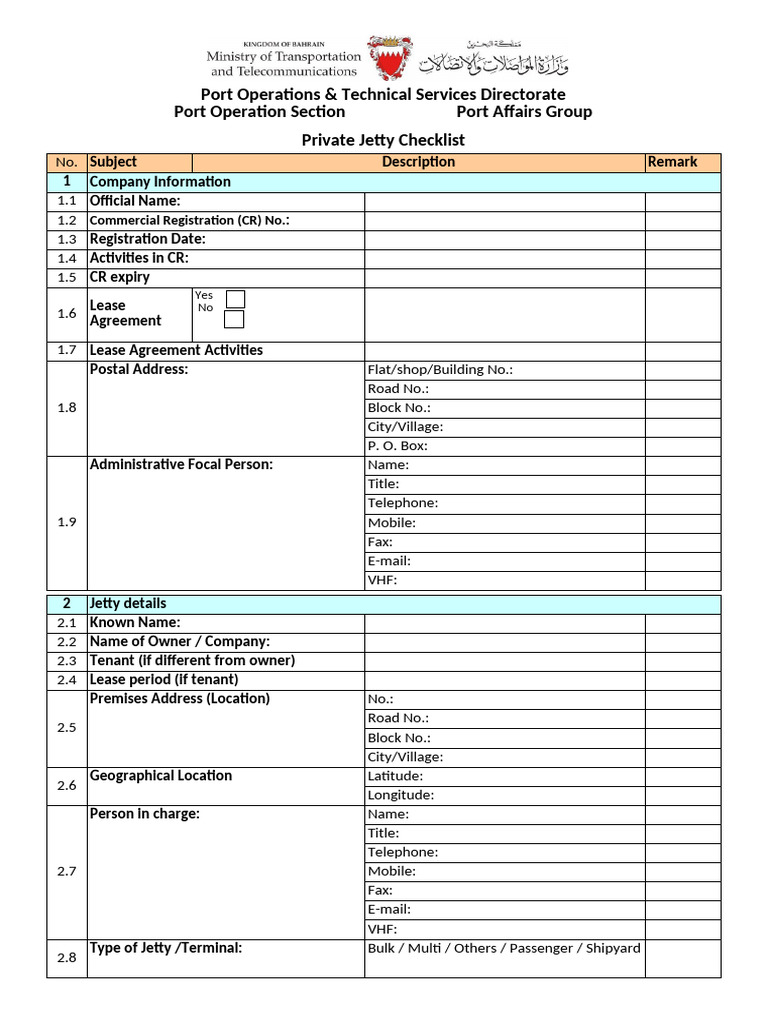 Private Jetty Full Checklist | PDF | Customs | Cargo