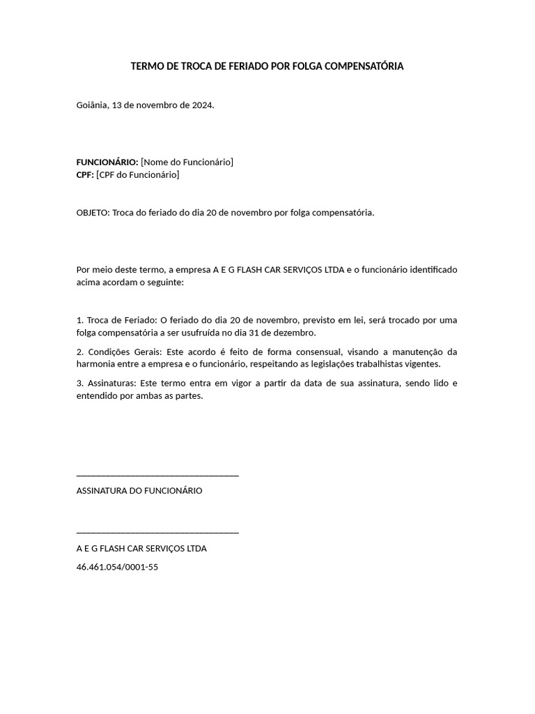 Termo de Troca de Feriado Por Folga Compensatória2 | PDF