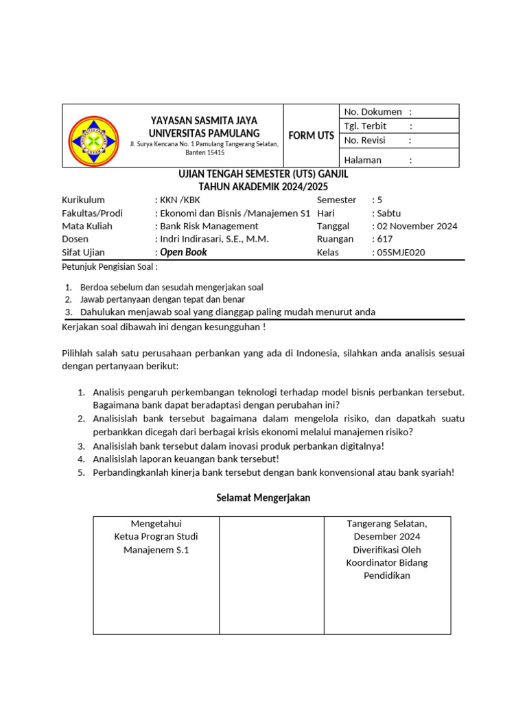 Soal UTS BANK RISK MANAGEMENT 020 | PDF