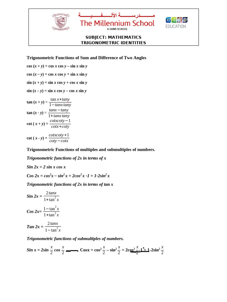 Trigonometric Identities GR 11 | PDF | Trigonometric Functions | Mathematical Analysis