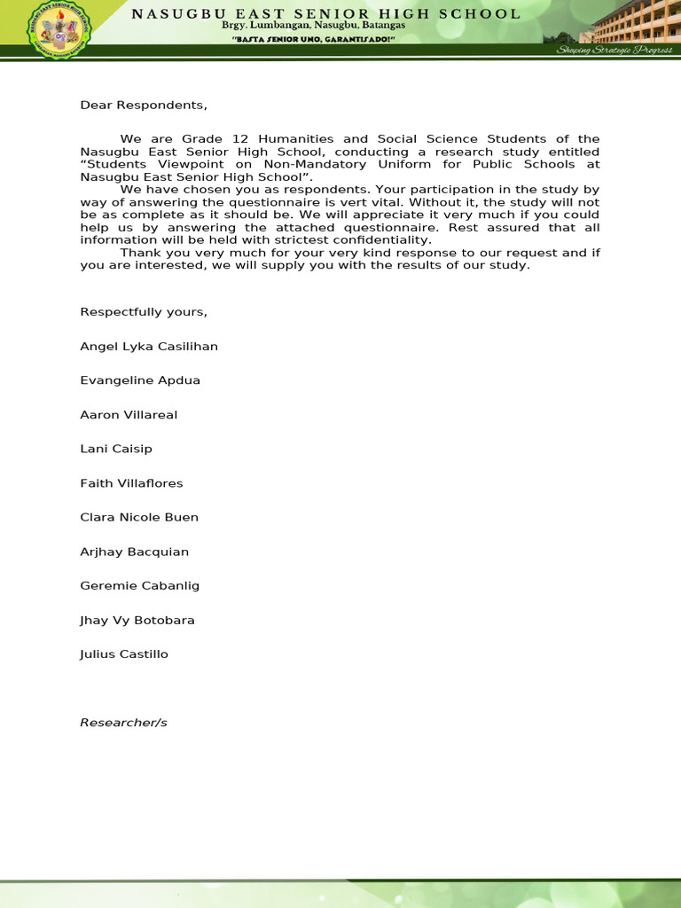 FINAL - FREUD - Survey Questionnaire - Non Mandatory Uniform - Angel Lyka Casilihan | PDF ...