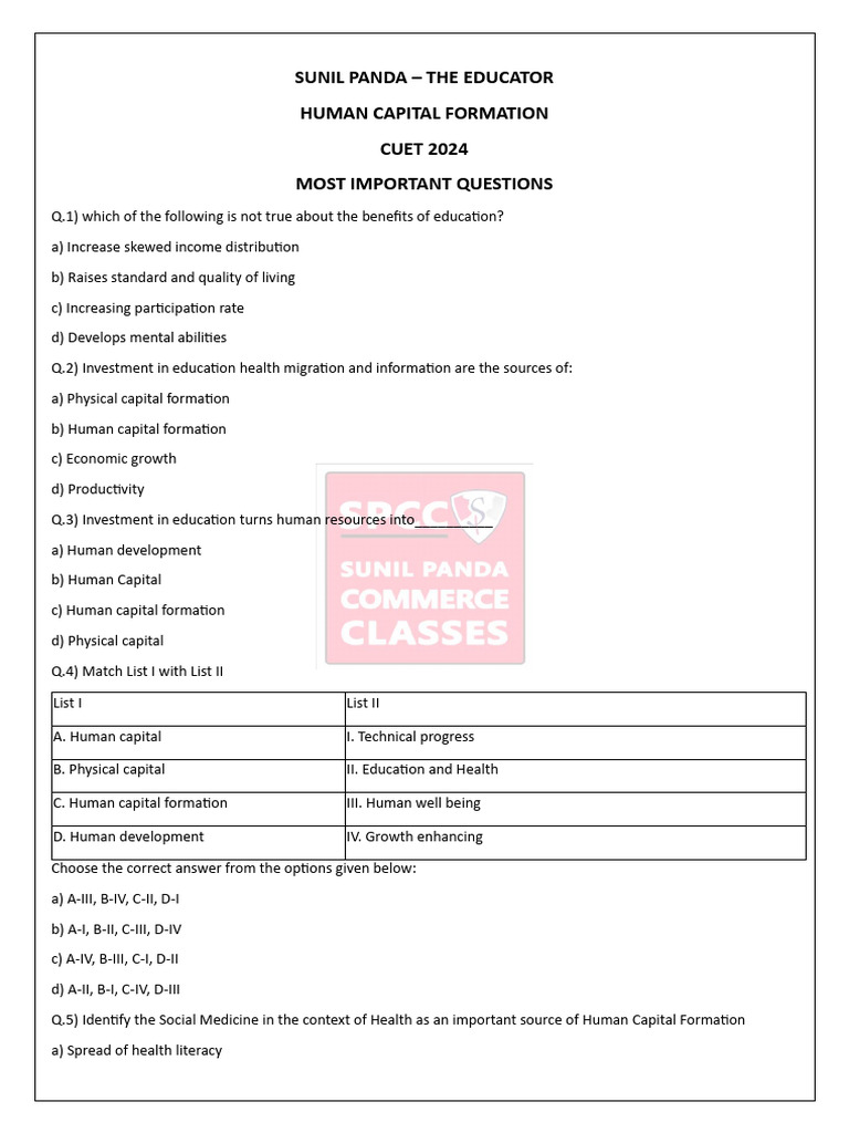 Class 12 Human Capital MCQs Guide | PDF