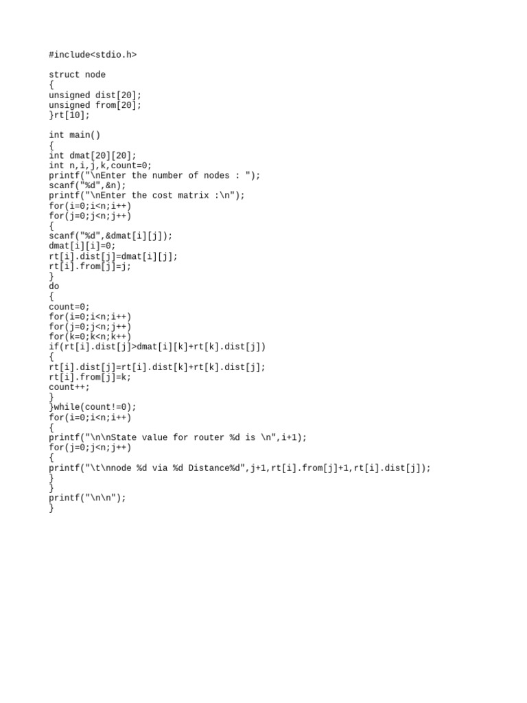 Distance Vector Routing Algorithm in C | PDF