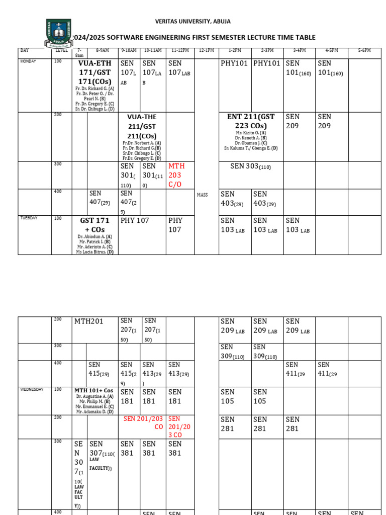 SOFTWARE ENGR 2024-25 First Semes Lect. Time TABLE UPDATED | PDF