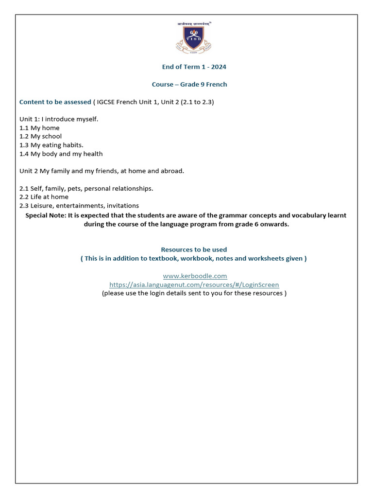 Grade 9 French RG-End of Term-1 (EoT-1) 2024 | PDF | Vocabulary | Question