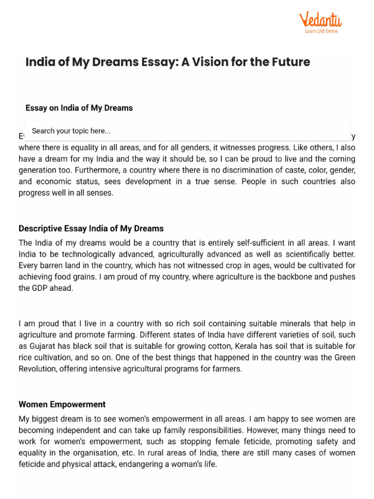 India of My Dreams Essay - A Vision For The Future | PDF