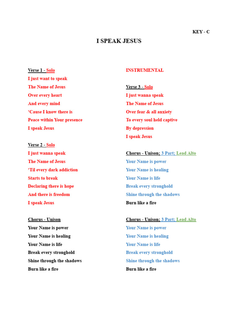 I Speak Jesus Vocal Notes | PDF | Song Structure | Songs