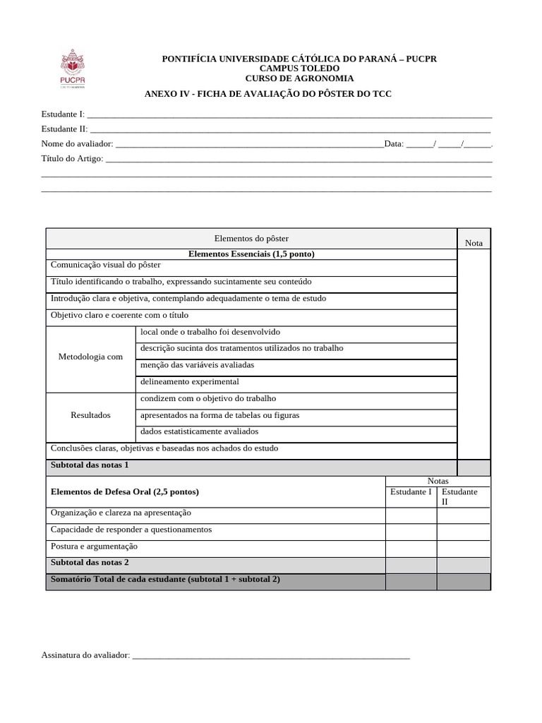 Ficha de Avaliação do Pôster TCC PUCPR | PDF