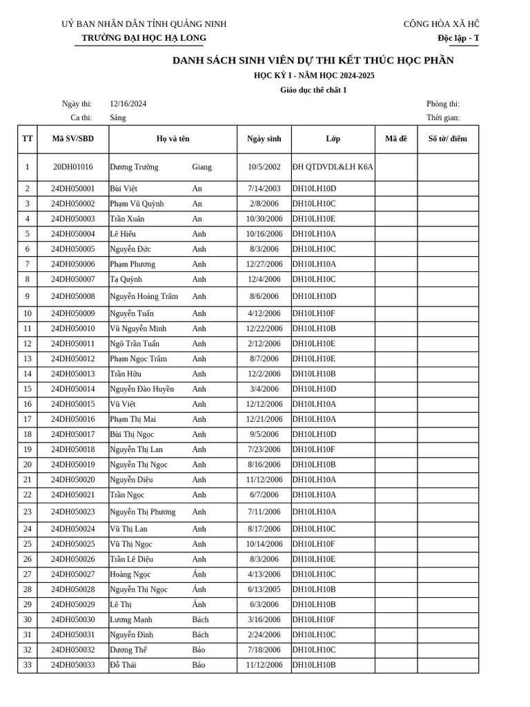 DS D Thi GDTC 1 Ngày 16-17.12 | PDF
