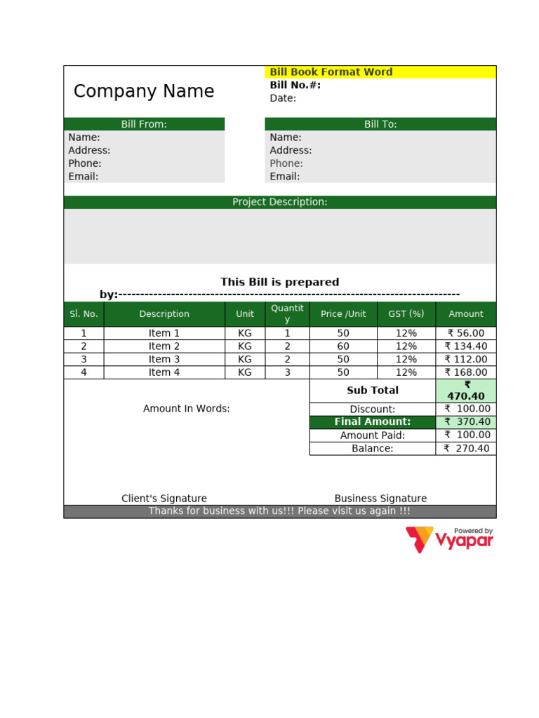Bill Book Format Word 01 | PDF