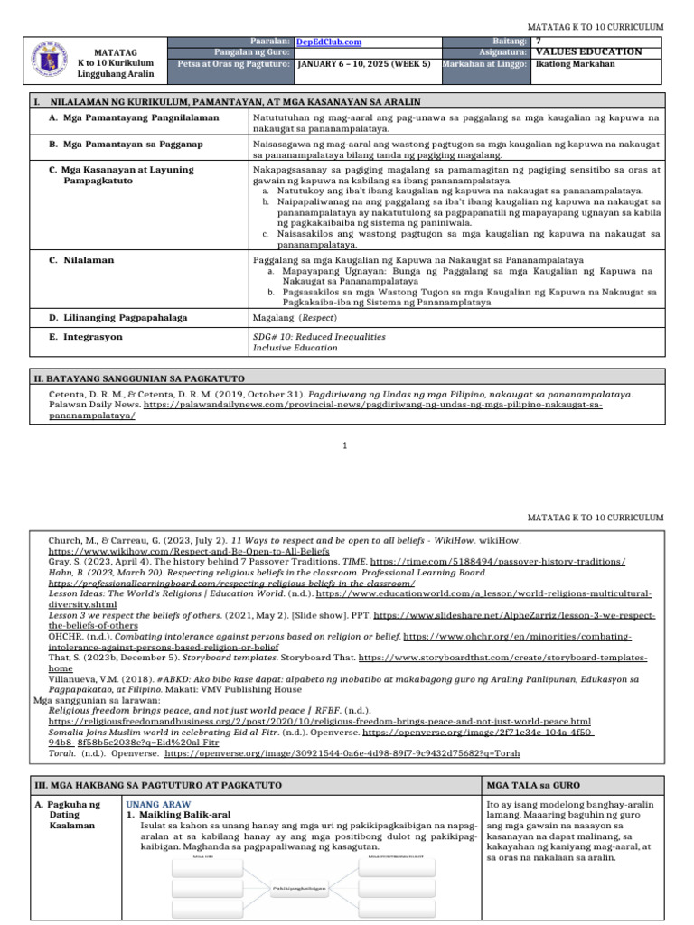 DLL Matatag - Values Education 7 Q3 W5 | PDF