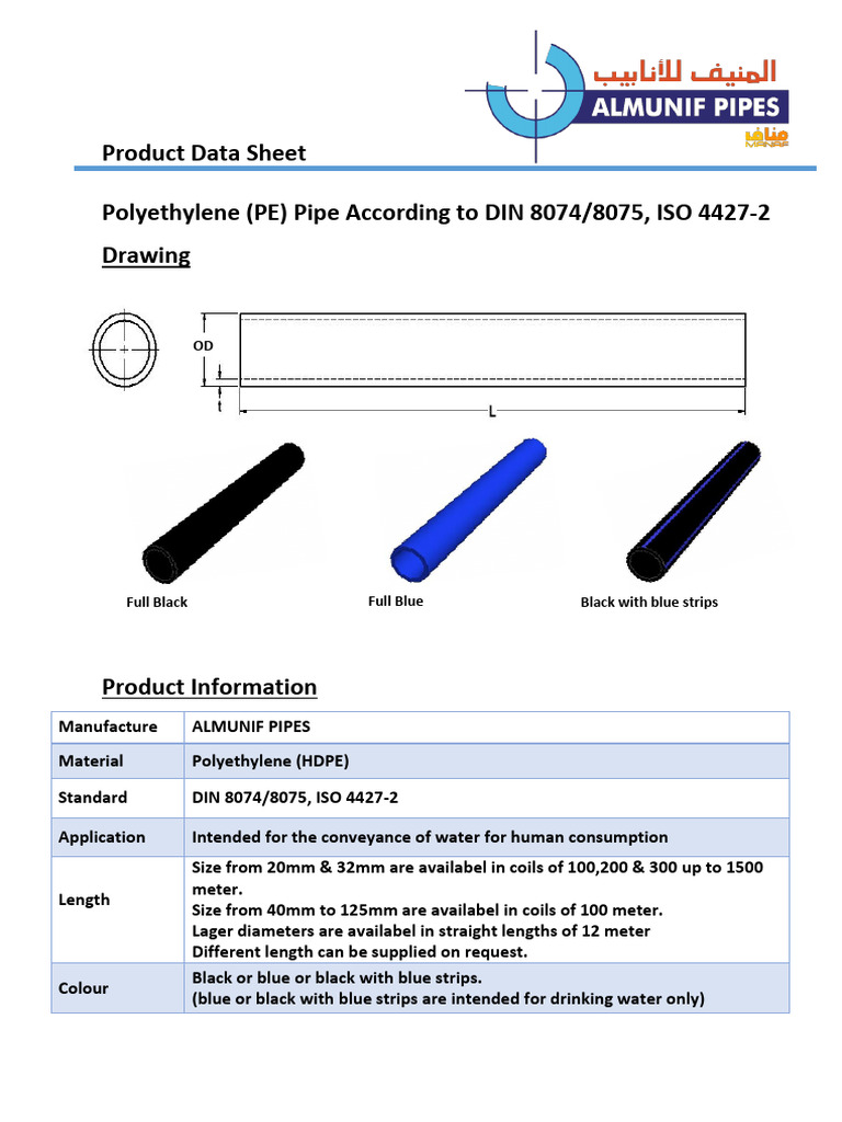 PE Pipe Tds DIN 8074, ISO 4427-2 | PDF | Pipe (Fluid Conveyance) | Industrial Processes
