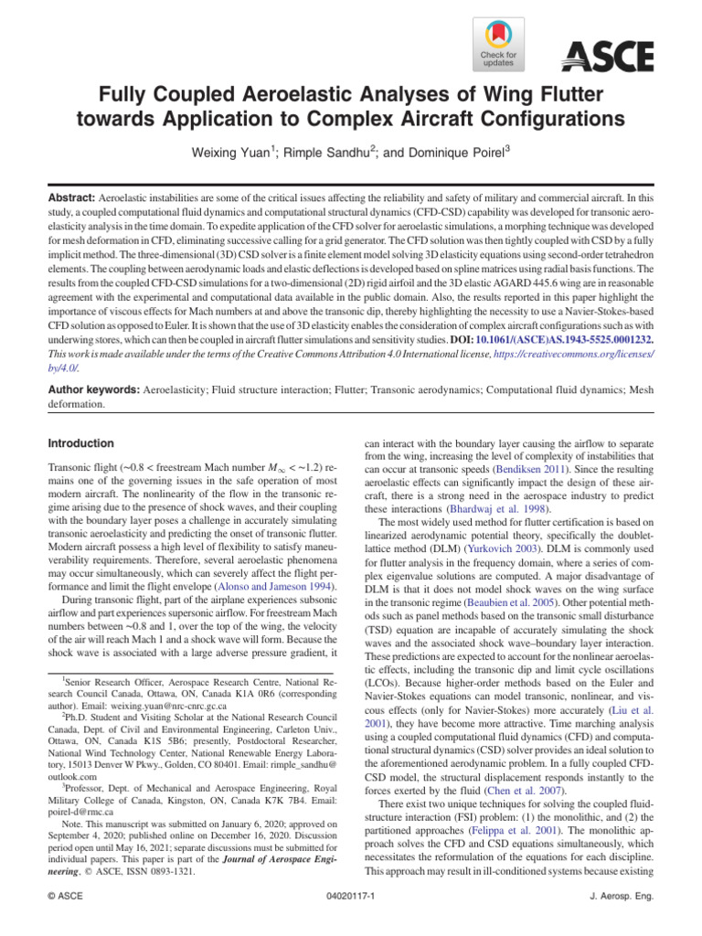 Yuan Et Al 2020 Fully Coupled Aeroelastic Analyses of Wing Flutter ...