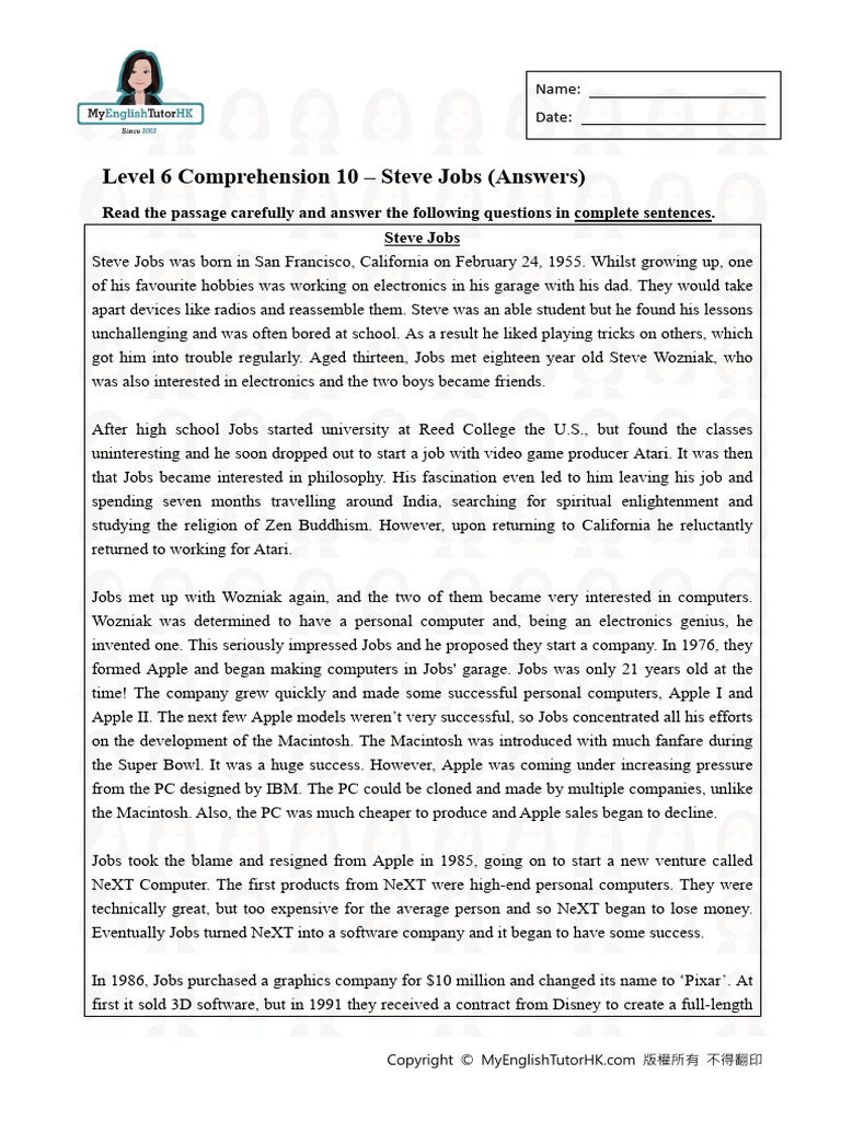 Level 6 Comprehension 10 Steve Jobs 14083758 Answers | PDF | Apple Inc ...