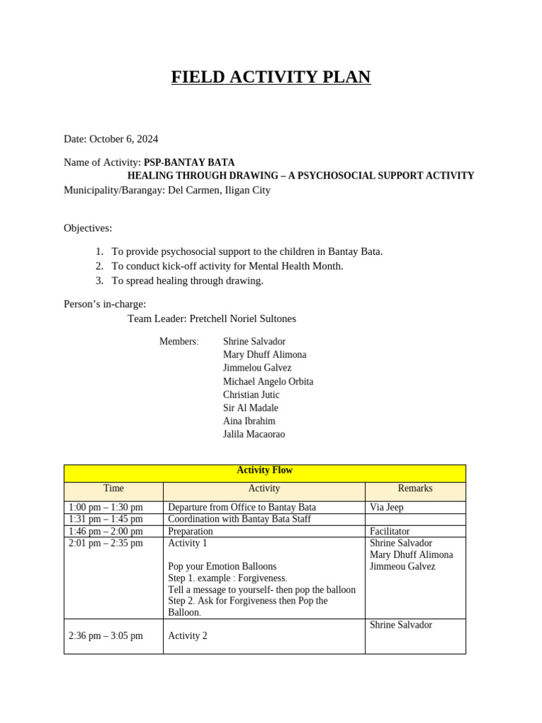 Bantay Bata PSP Activity Plan | PDF | Psychology | Social Psychology