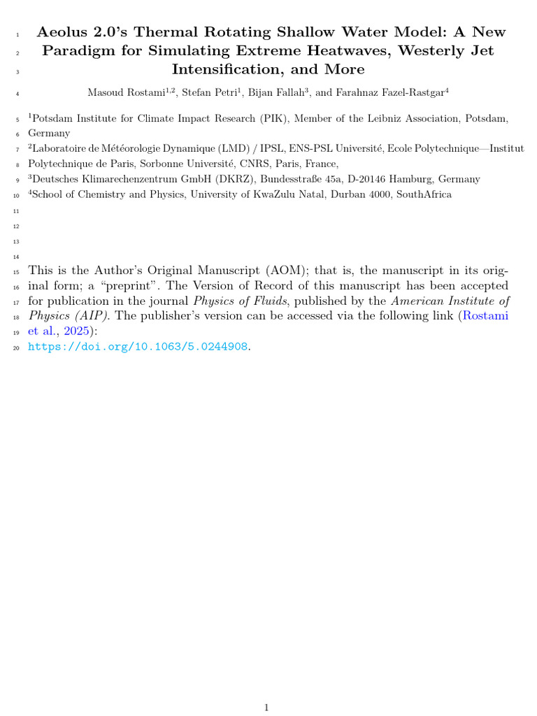 Aeolus 2.0’s Thermal Rotating Shallow Water Model: A New Paradigm for ...