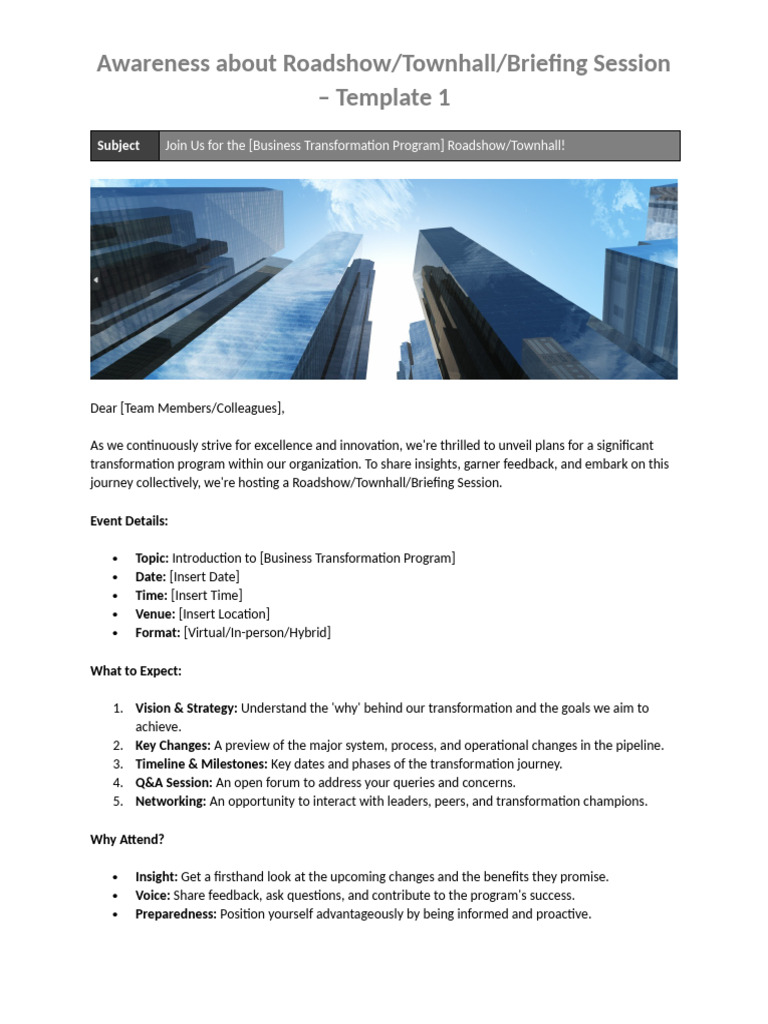 Engagement Comms - Roadshow, Townhall, Briefing - Template 1 | PDF