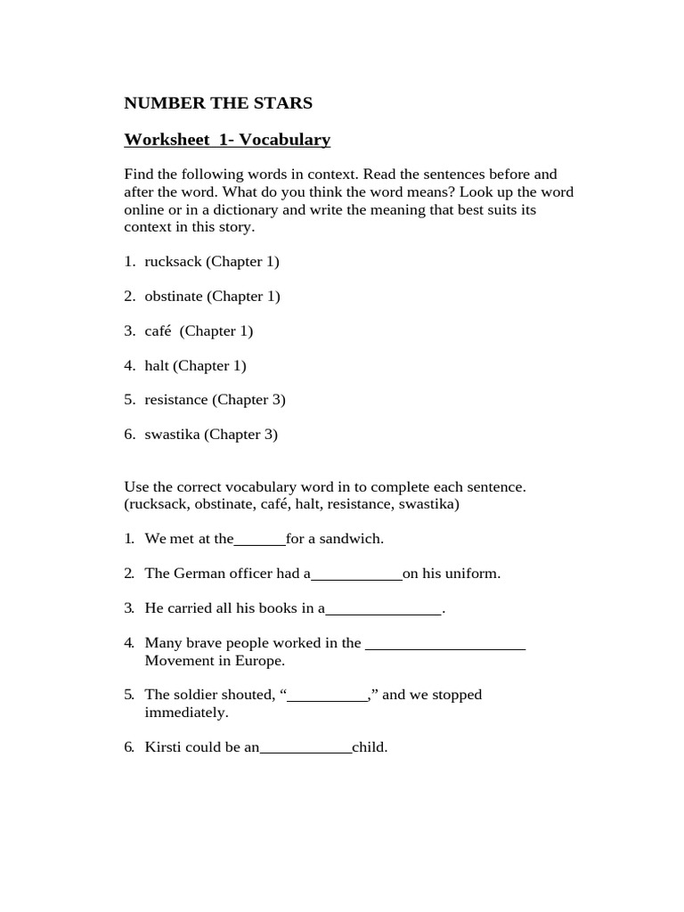 Number the Stars Vocabulary and Questions | PDF