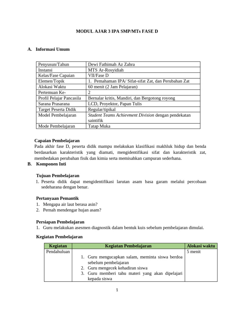 Modul Ajar IPA: Sifat Zat dan Perubahan | PDF