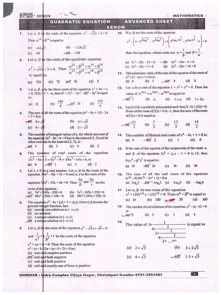 Quadratic Advanced Sheet Answers | PDF