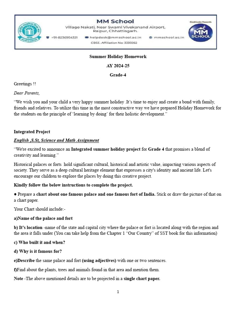 Grade 4 Summer Holiday Homework | PDF | Learning | Cognition