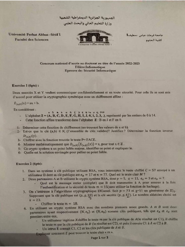 Epreuve Sécurité Informatique LQ Concours de Doctorat Univ Setif 2022-2023 (Tchi Drive) | PDF