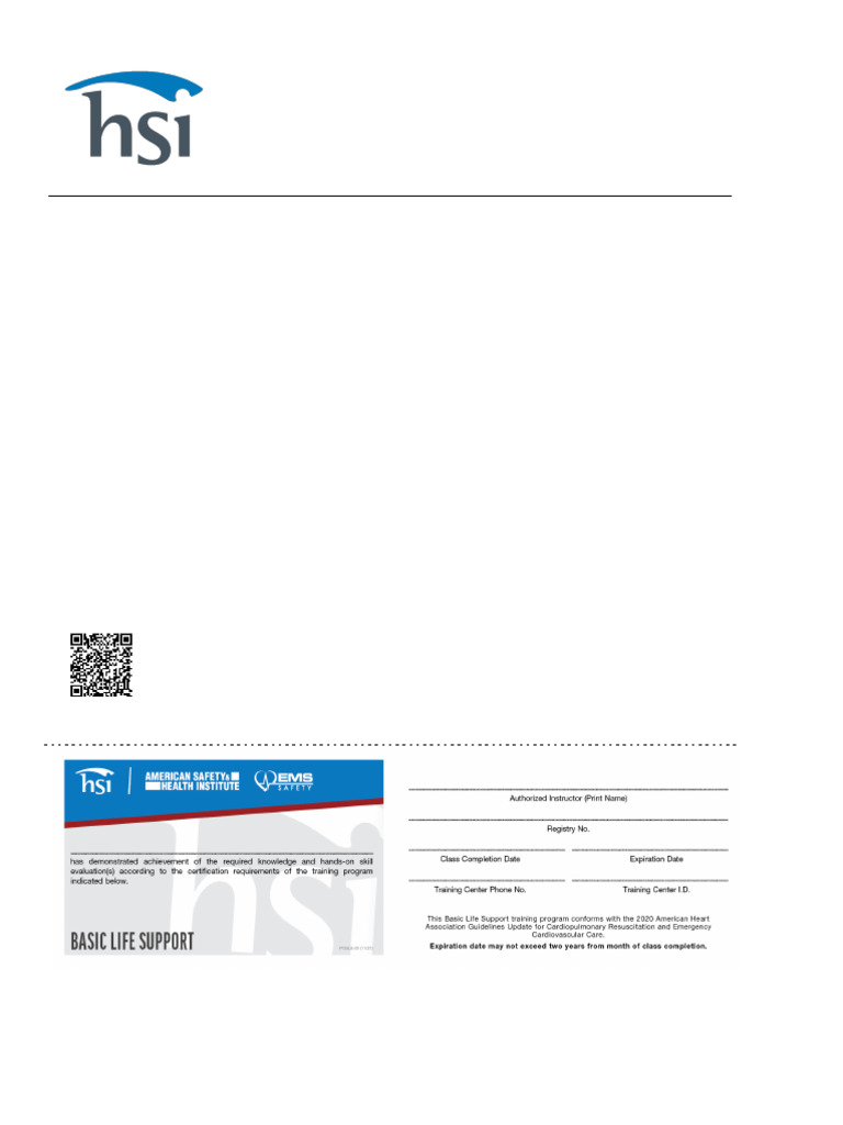 HSI Basic Life Support Certification Card | PDF