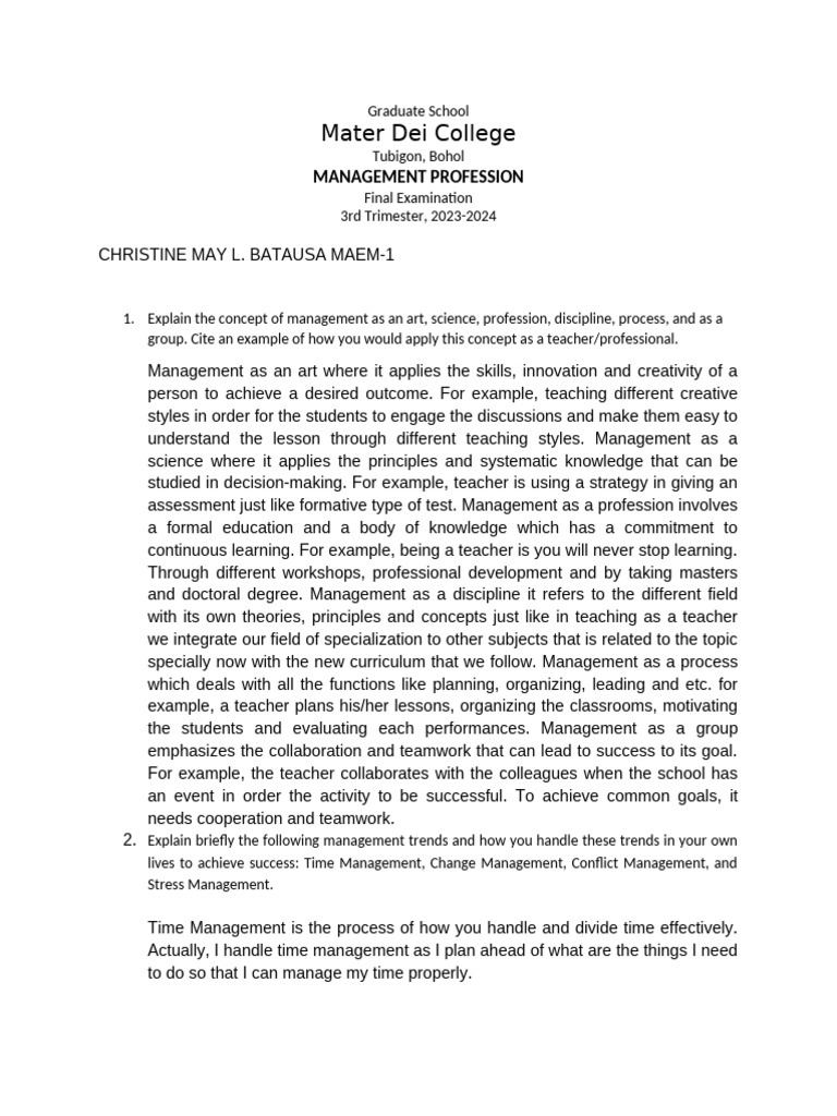 Batausa Christine May Final Exam - 021822 | PDF | Teachers | Goal