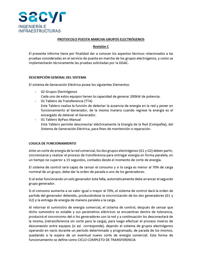 Protocolo Pta Marcha Sist Generación Dgac Acha - VC | PDF | Generador eléctrico | Ingenieria ...