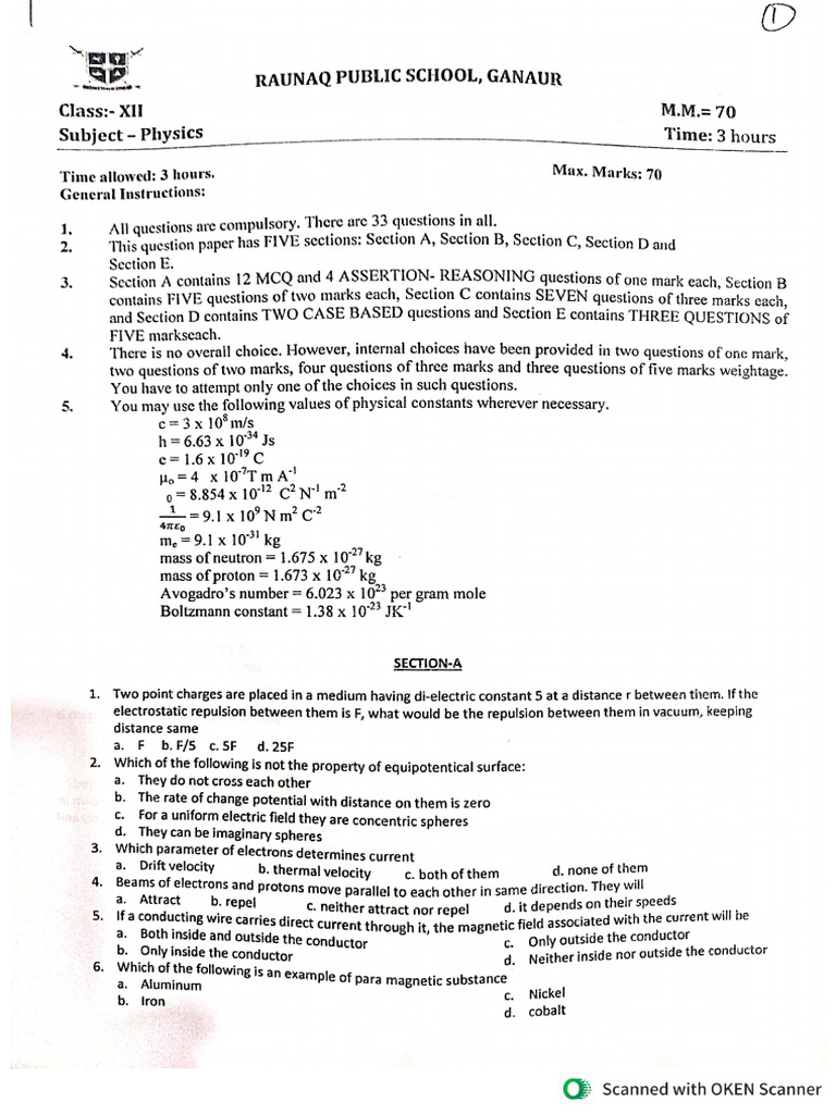 Rps Half Yearly Phy, 2024 Xii | PDF