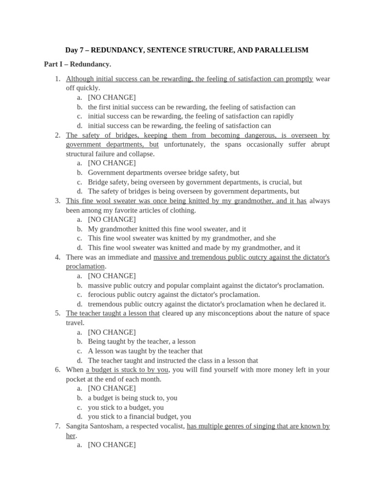 Day 7 Redundancy Sentence Structure and Parallelism | PDF | Comma ...