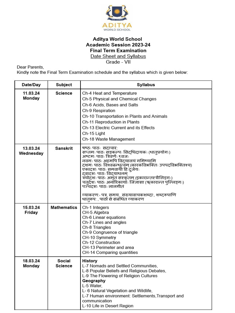 Class 7 Final Examination Date Sheet and Syllabus | PDF