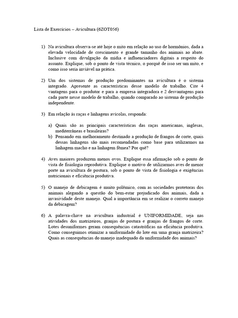 Lista de Exerc-cios Agro.docx | PDF | Avicultura | Calor