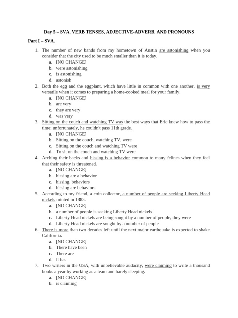 Grammar Exercises: SVA, Tenses, Adjectives | PDF | Grammatical Number ...