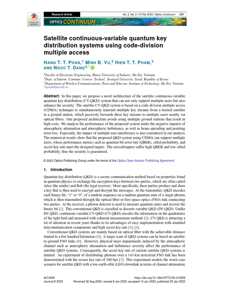 Satellite Continuous-Variable Quantum Key | PDF | Telecommunications Engineering ...