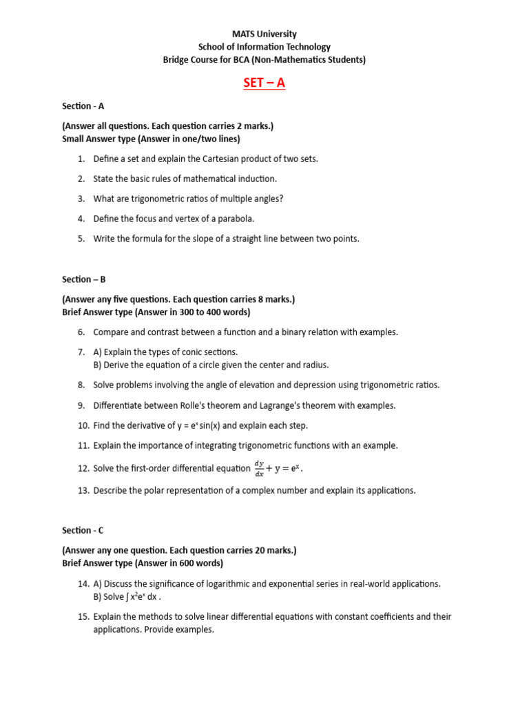 BCA Bridge Course: Math Concepts & Applications | PDF | Equations ...