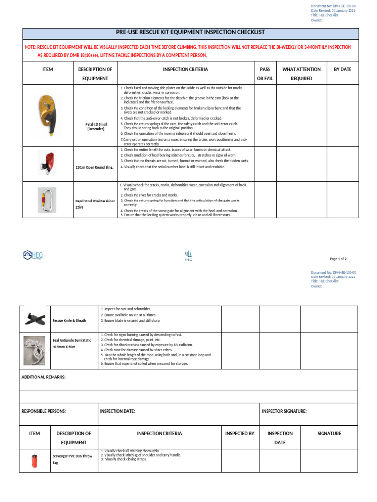 Checklist - Pre-Use Rescue Kit Equip - 2021 | PDF
