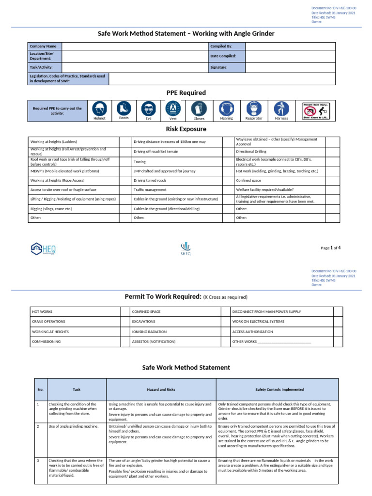 SWMS - Angle Grinder - 2021 | PDF | Personal Protective Equipment | Working Conditions
