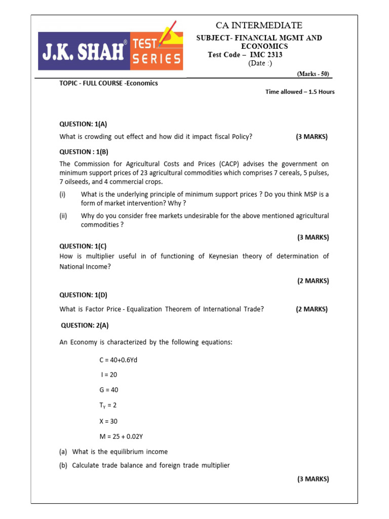 Imc 2313 - F.M. and Eco - Question Paper | PDF | Prices | Market ...
