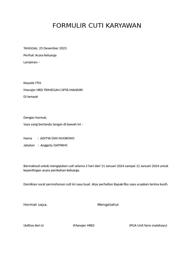Formulir Cuti Karyawan Adit | PDF