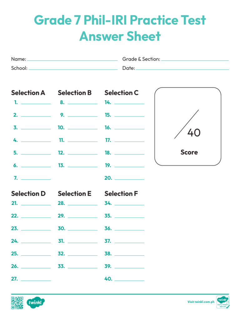 Grade 7 - Phil-IRI Practice Test - Score Sheet | PDF