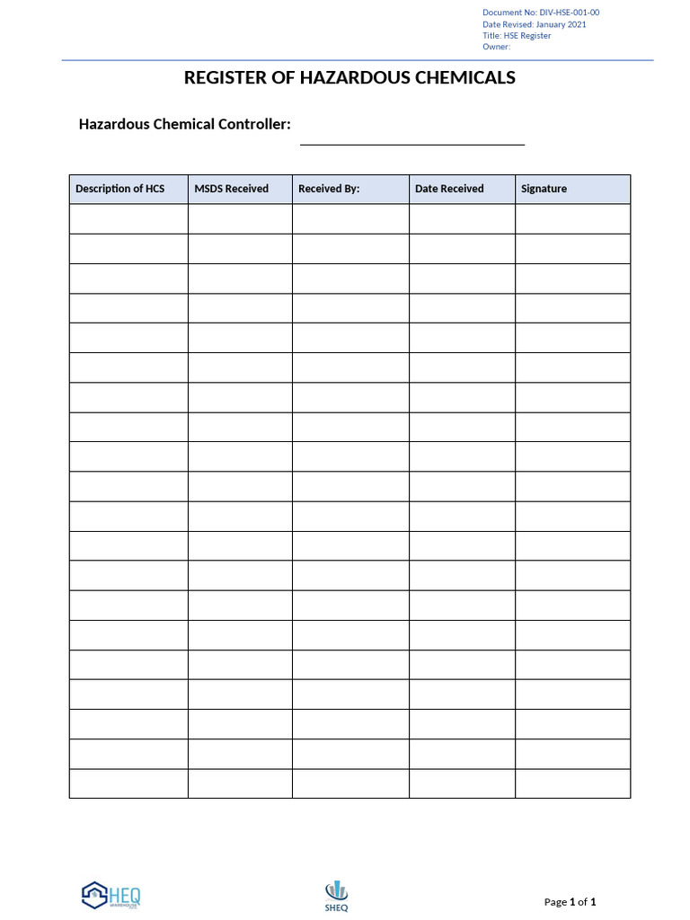 Register - Hazardous Chemicals Recieved - 2021 | PDF