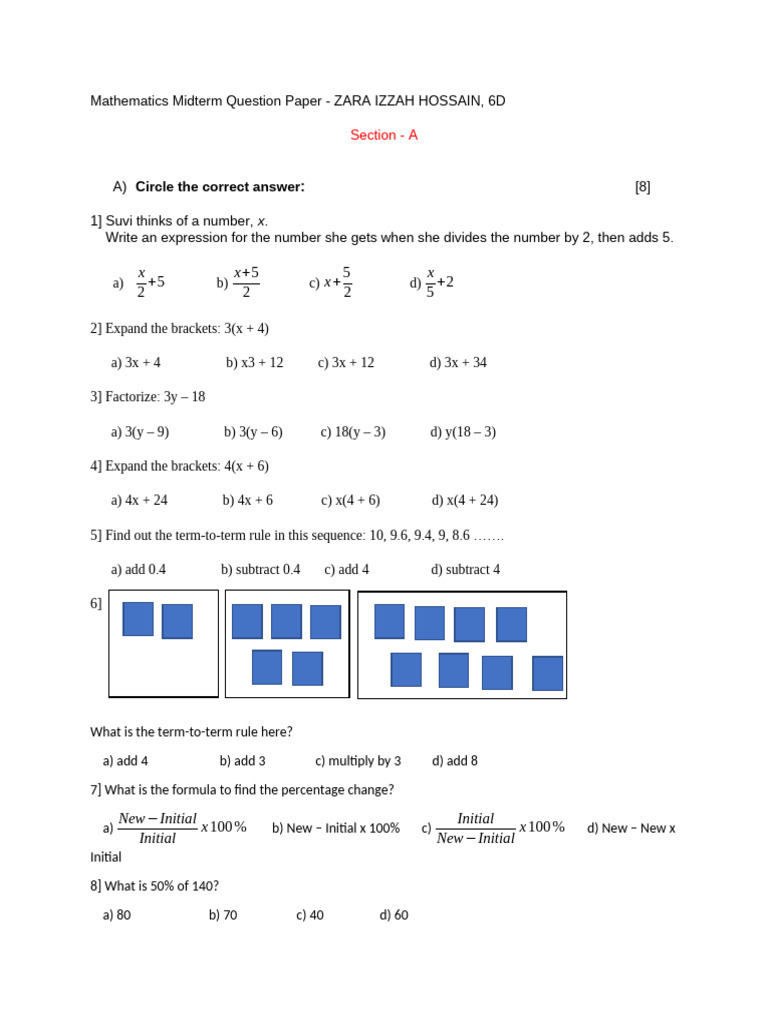 Mathematics Midterm Question Paper - ZARA IZZAH HOSSAIN 6D | PDF ...