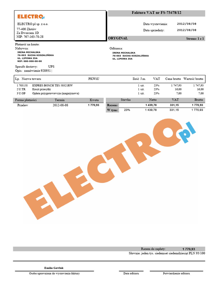 Bosch TES 50321RW (Rodzice) Faktura VAT NR FS-73478 - 12 | PDF