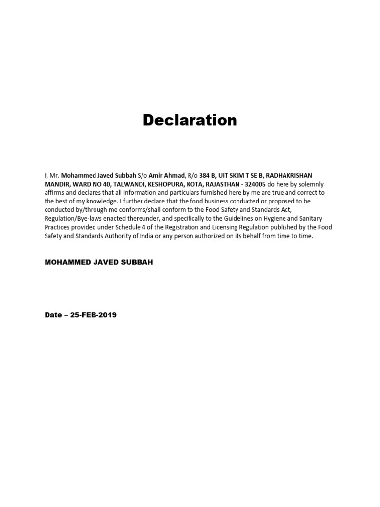 Declaration of Food Business Compliance | PDF