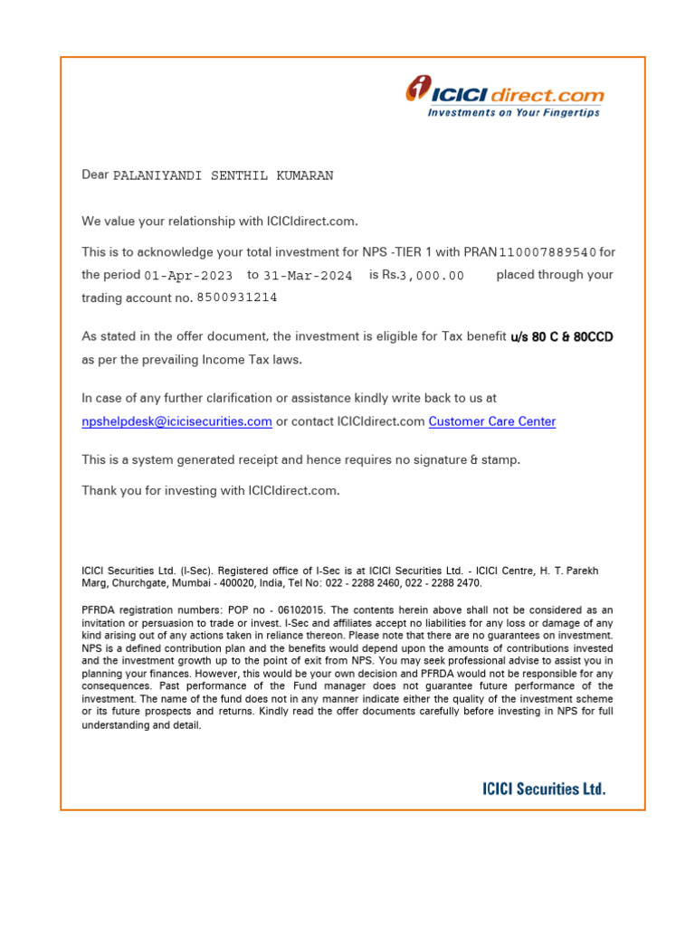 NPS Tier 1 Investment Acknowledgment | PDF