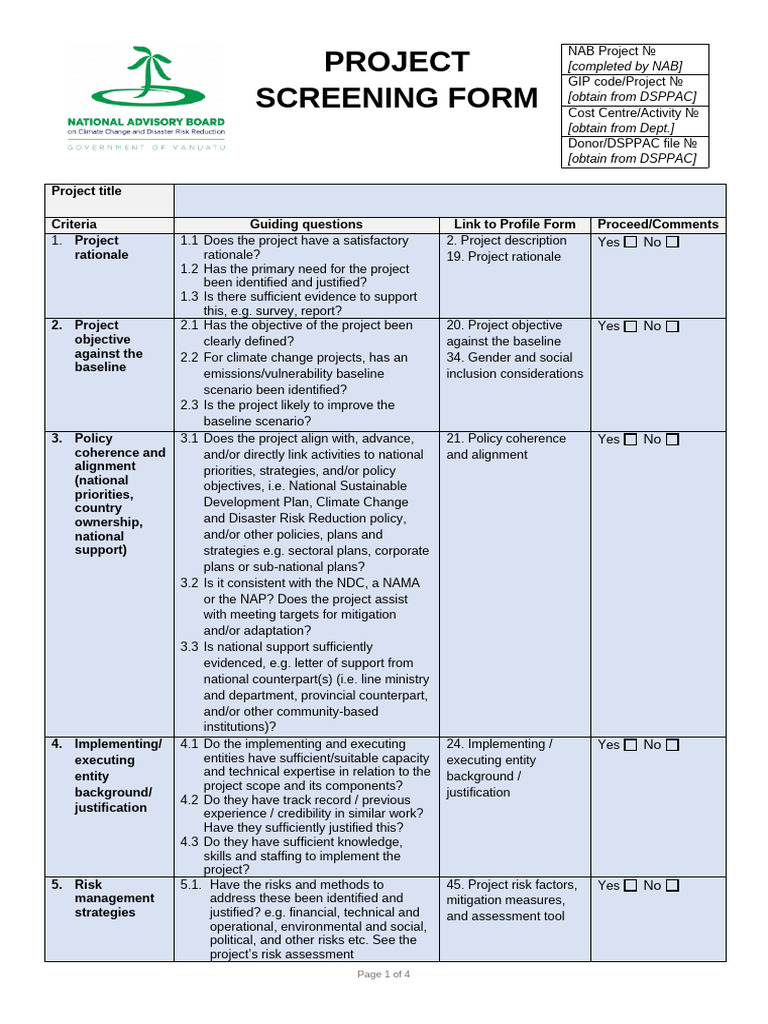 NAB SOP Project Screening Form Final | PDF | Sustainability | Risk