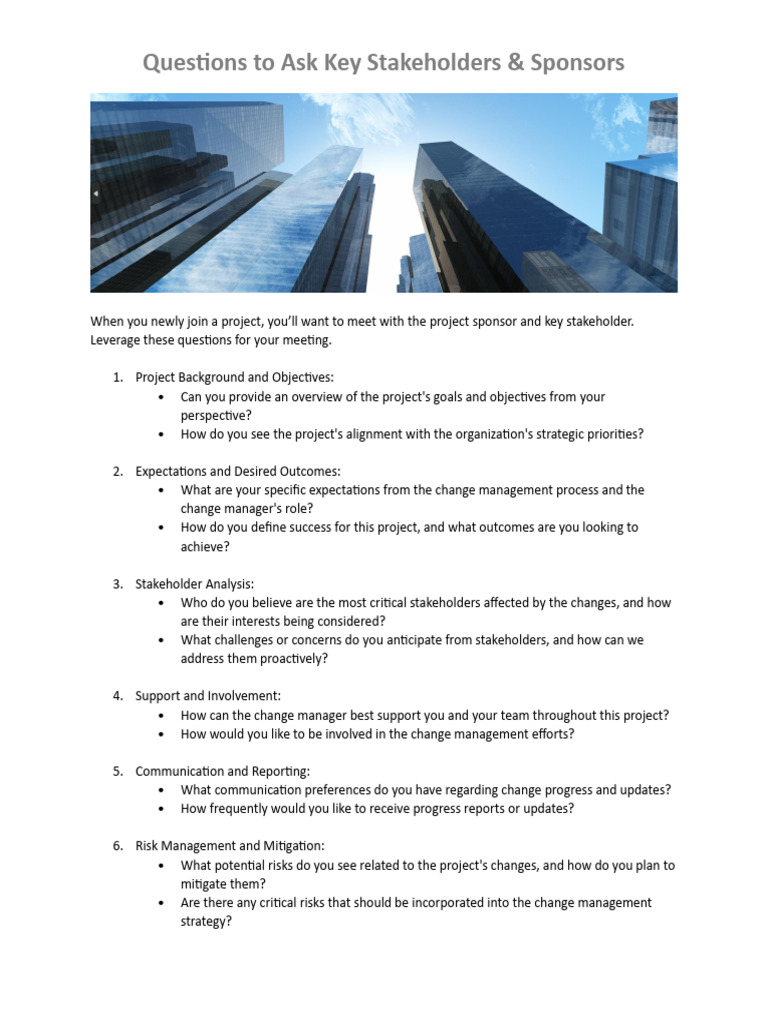 Questions To Ask Key Stakeholders & Sponsors | PDF | Risk | Change ...