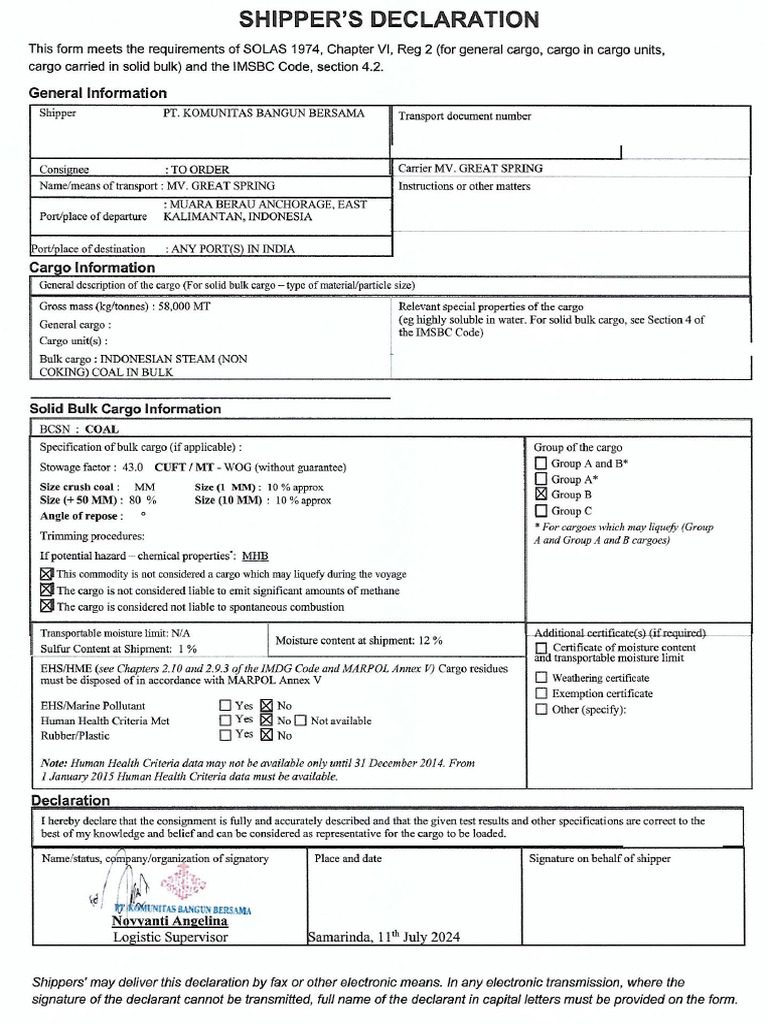 04 Shipper's Declaration MV GREAT SPRING | PDF