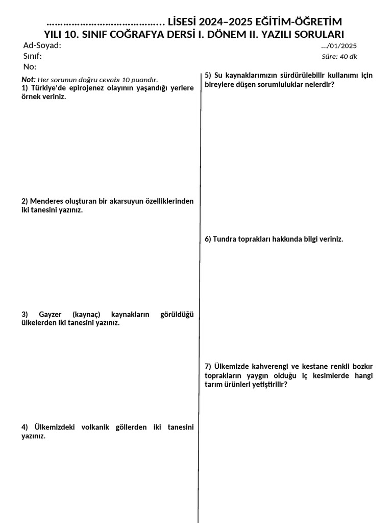 Cografya 10 Sinif 1 Donem 2 Yazili 2024 2025 | PDF